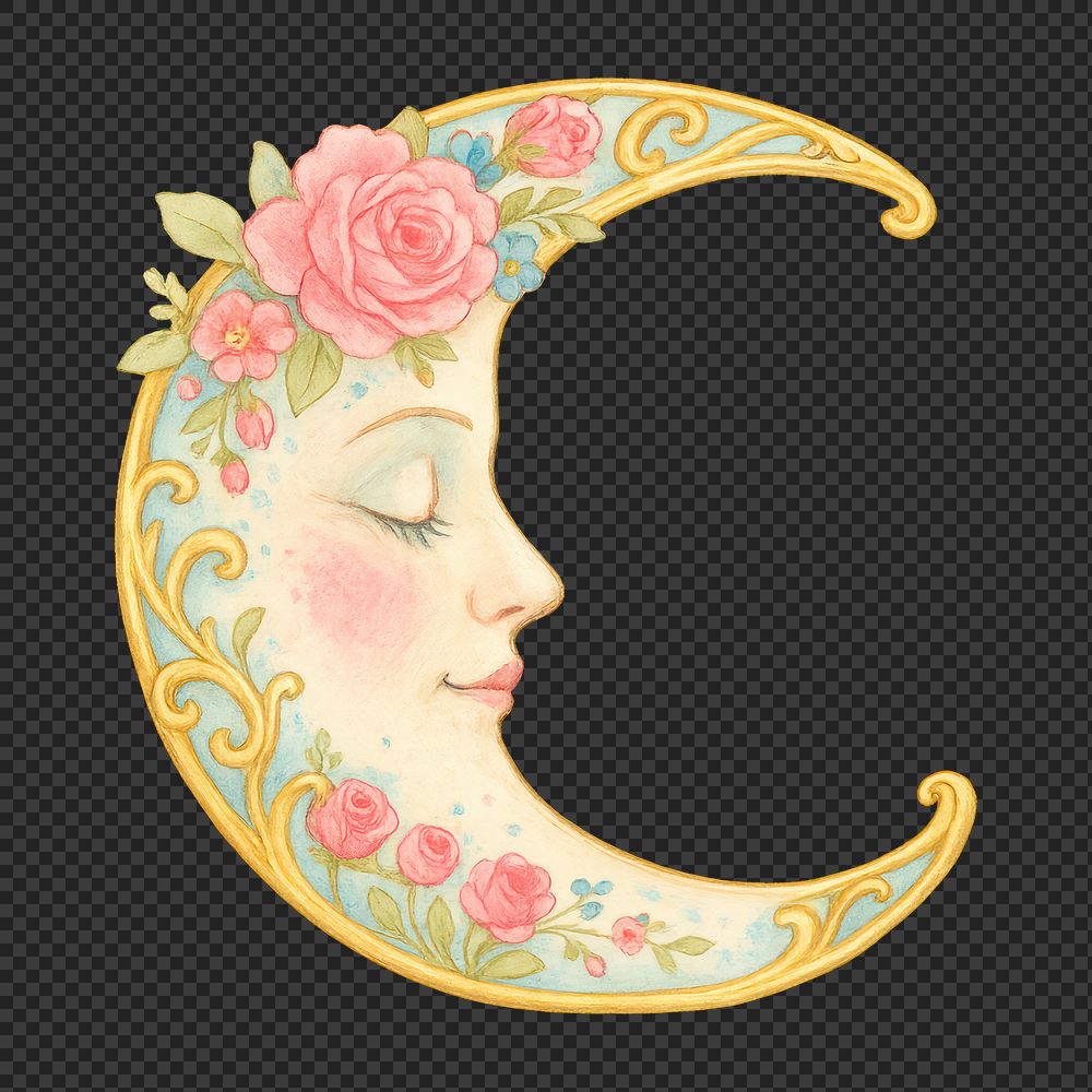 PNG Floral crescent moon illustration | Free PNG - rawpixel