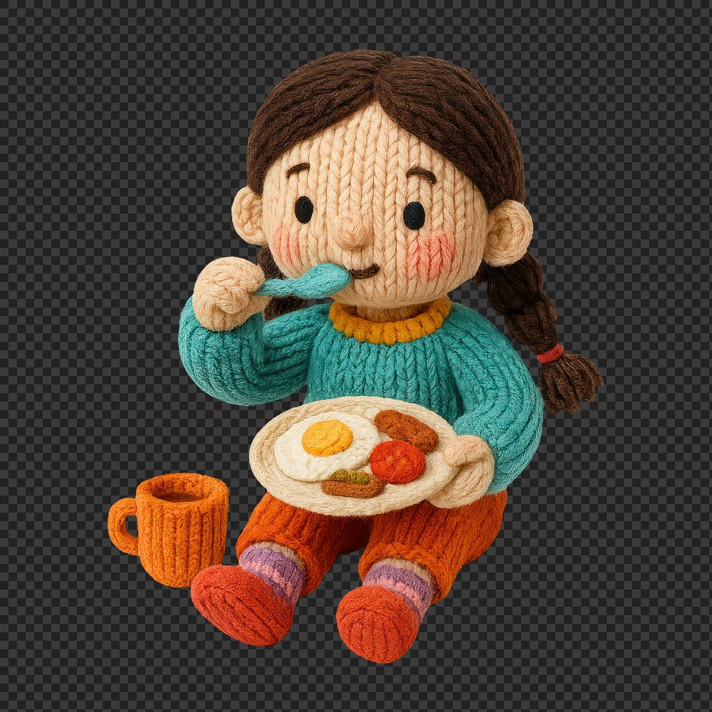 PNG Cute knitted doll eating | Free PNG - rawpixel