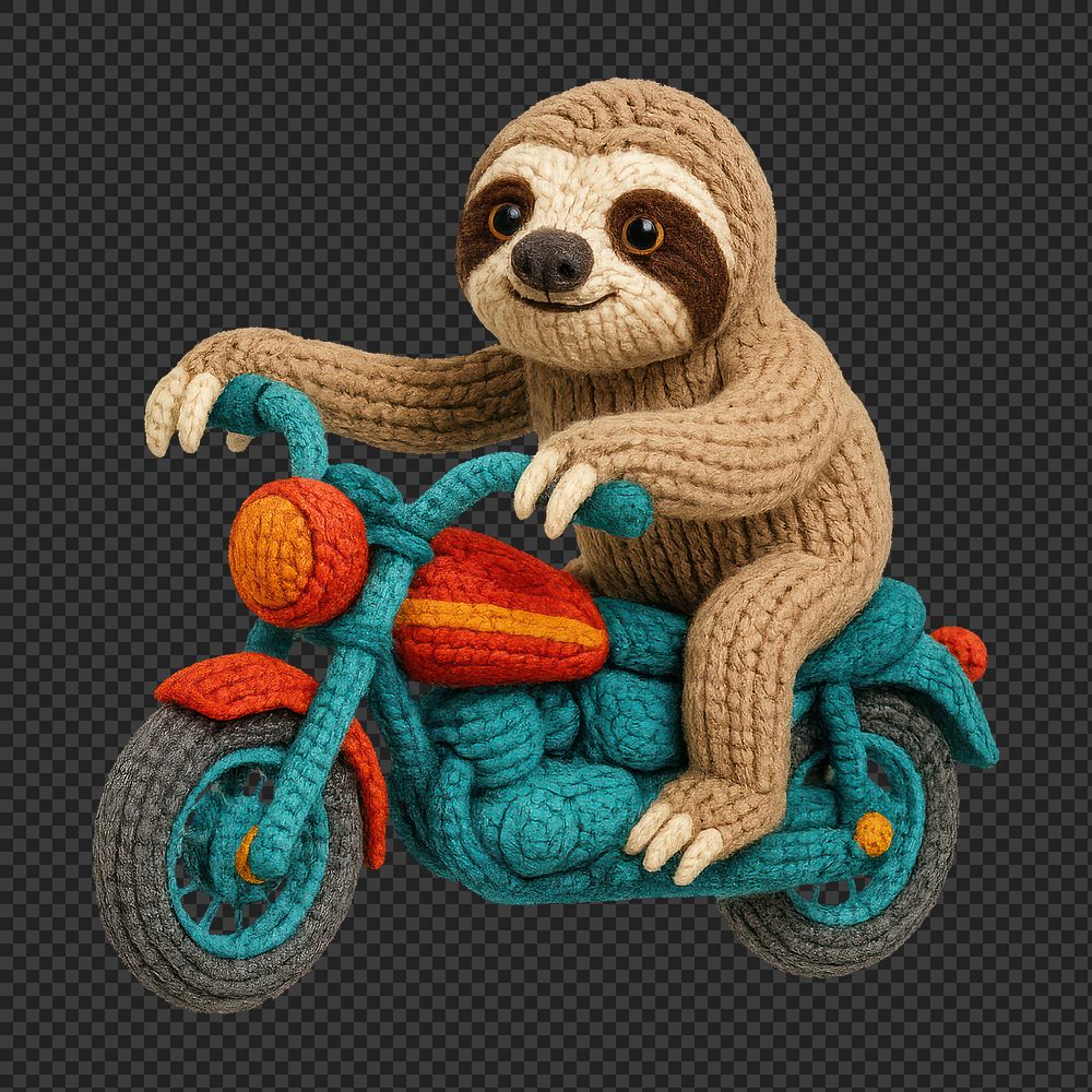 PNG Crochet sloth riding motorcycle | Free PNG - rawpixel