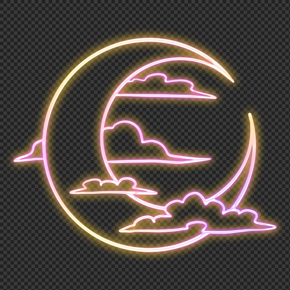 Neon crescent moon surrounded by clouds | Premium PNG Sticker - rawpixel