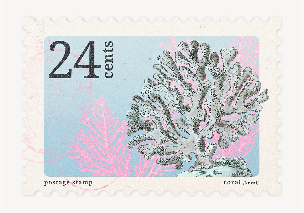 Aesthetic coral postage stamp, ephemera | Free PSD - rawpixel