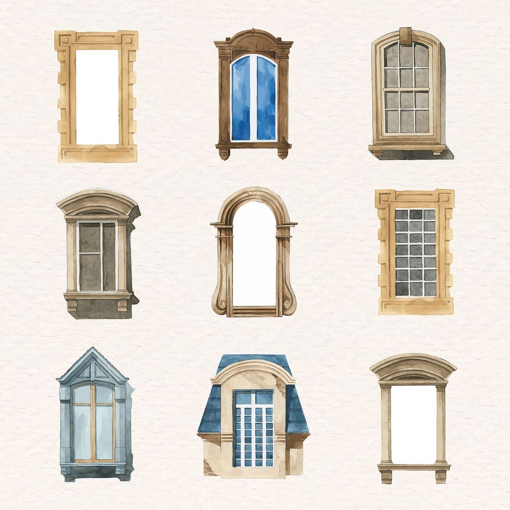 Vintage window architectural set watercolor | Free Photo - rawpixel