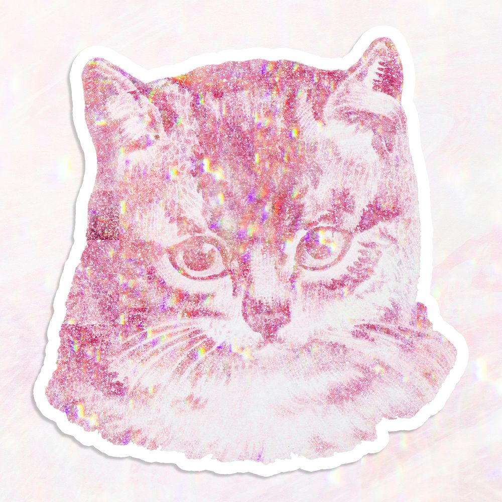 Pink holographic cat sticker with a white | Premium PSD - rawpixel