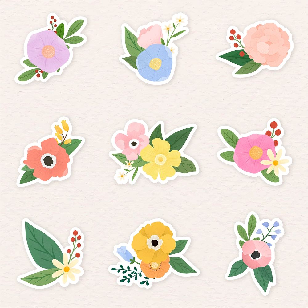 Colorful floral sticker set illustration | Premium PSD - rawpixel