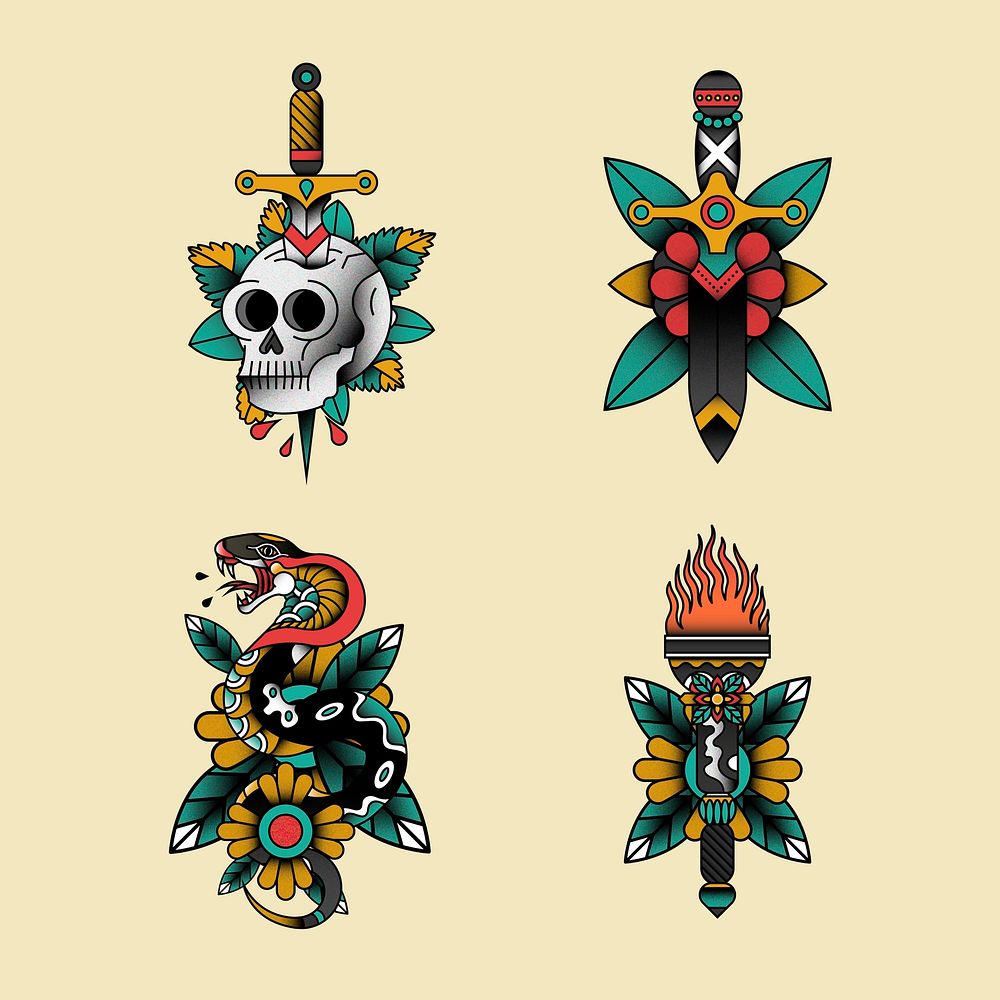 Traditional old school sticker set | Premium Vector - rawpixel