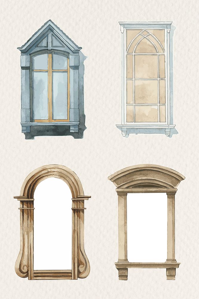 Vintage window architecture watercolor psd | Free PSD - rawpixel