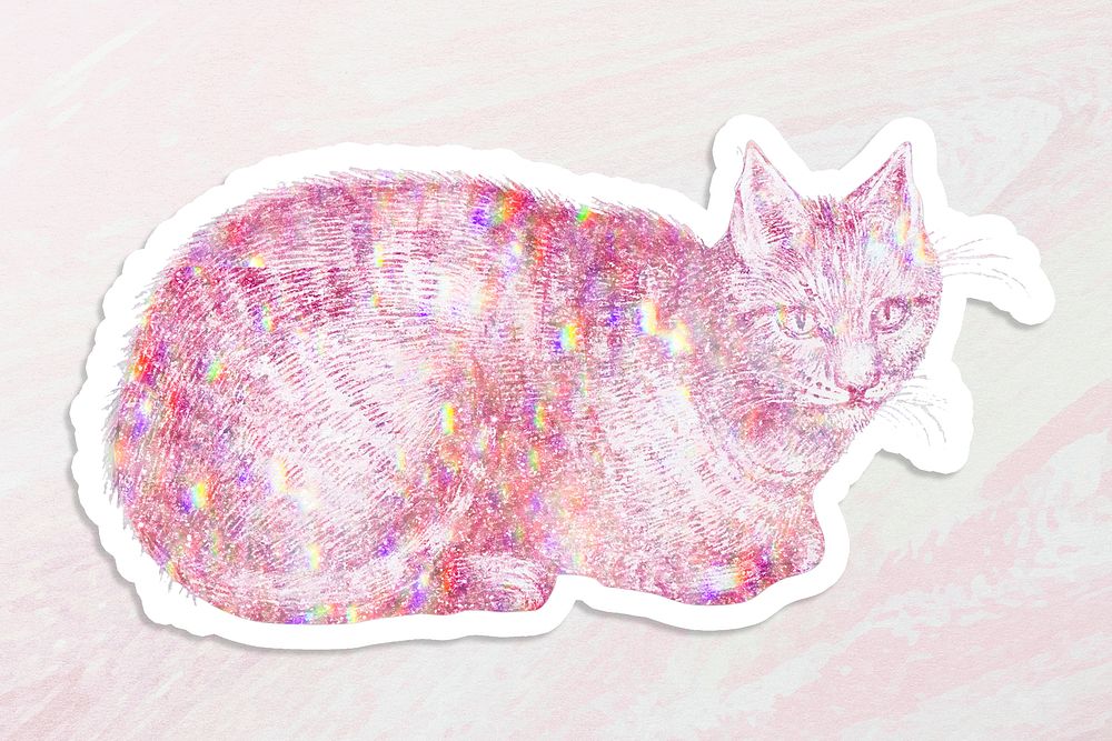 Pink holographic cat sticker with a white | Premium PSD - rawpixel