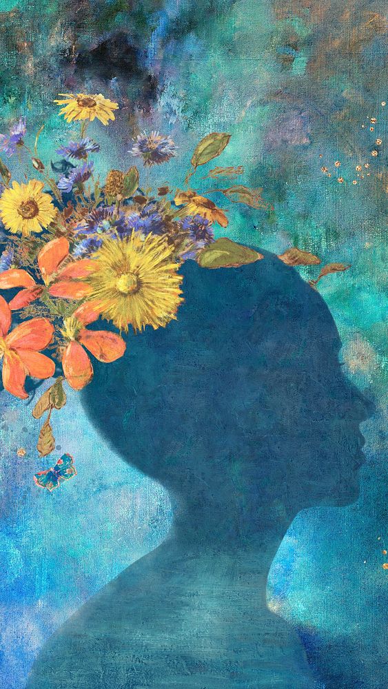 Female shadow with flowers on blue | Premium PSD - rawpixel