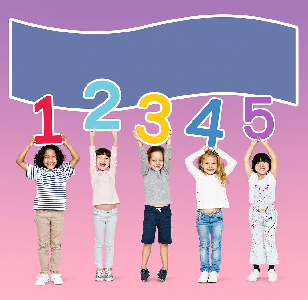Cheerful kids holding numbers one | Free PSD - rawpixel