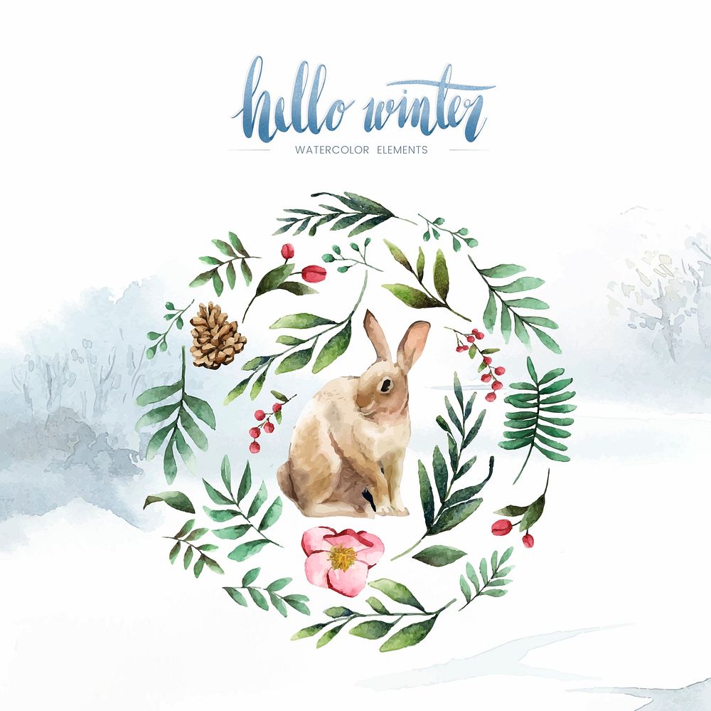 Rabbit surrounded by winter bloom | Free Vector - rawpixel