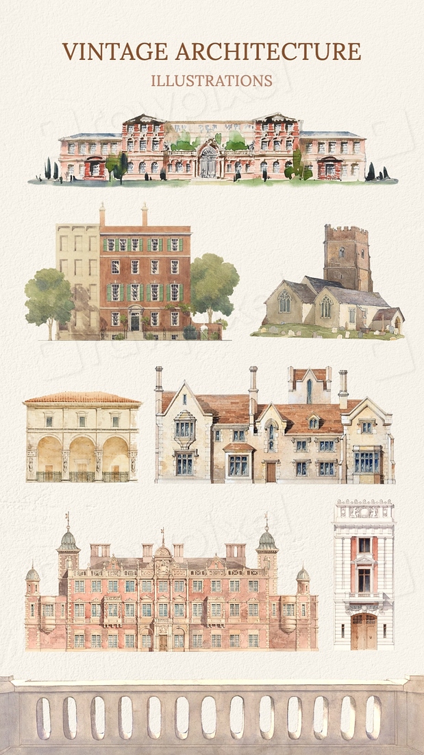 Vintage architecture illustrations Pinterest banner | Premium Editable ...