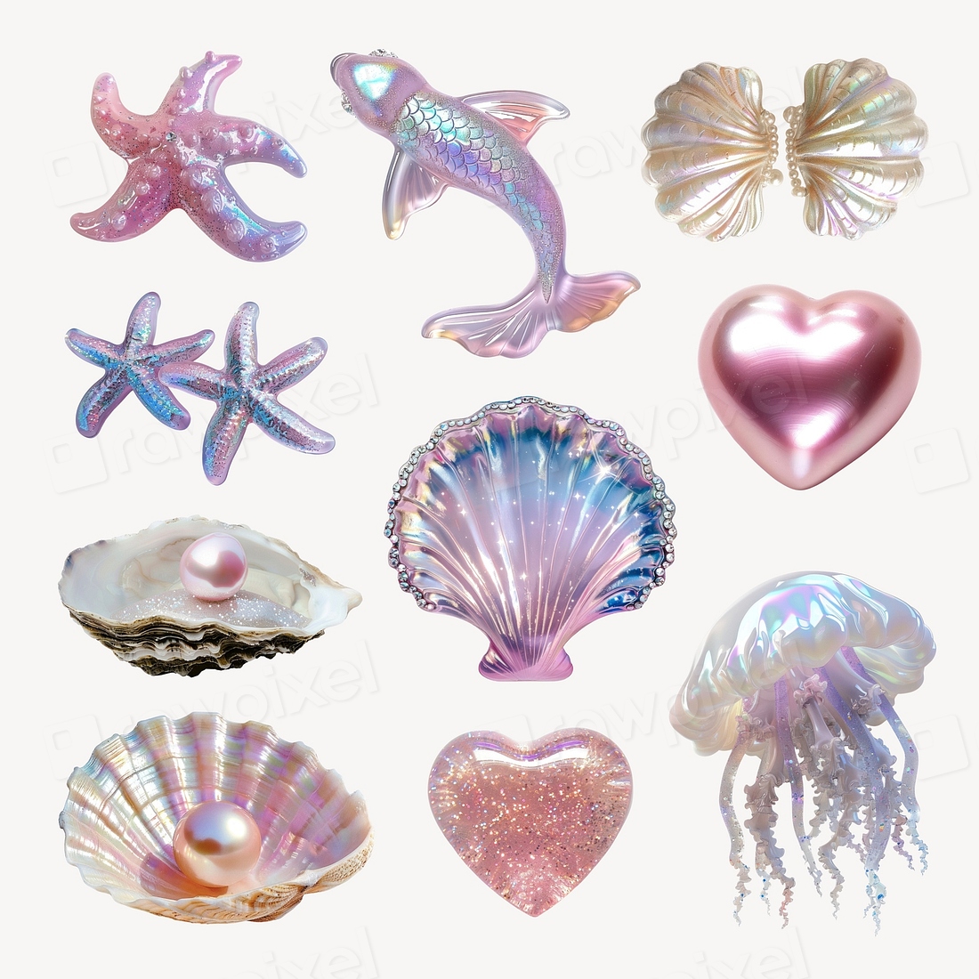 Iridescent sea-themed decorative elements set | Premium PSD - rawpixel