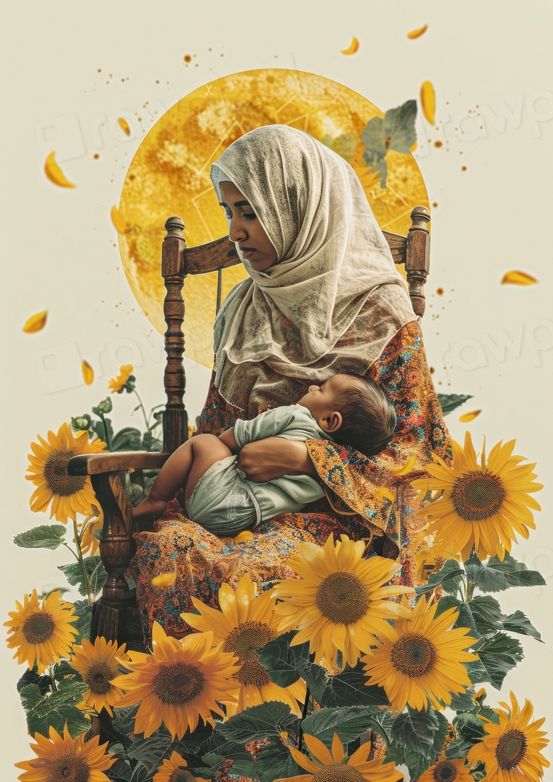 Muslim mother sunflower baby illustrated. | Free Photo Illustration ...