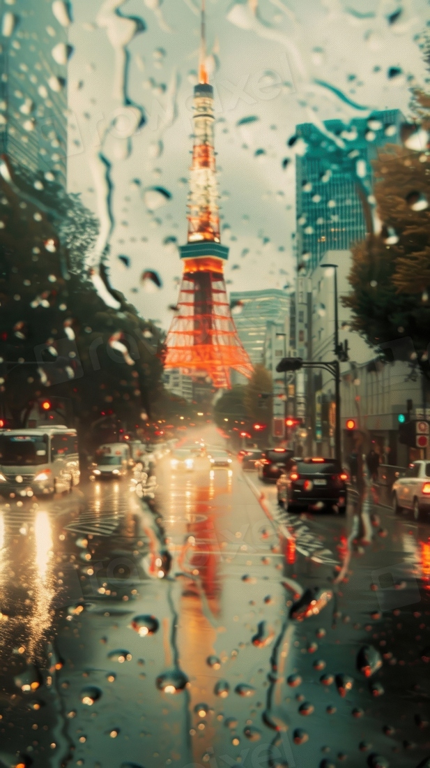 Rain scene tokyo tower architecture | Free Photo - rawpixel