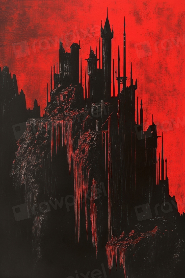 Silkscreen castle painting nature red | Free Photo Illustration - rawpixel