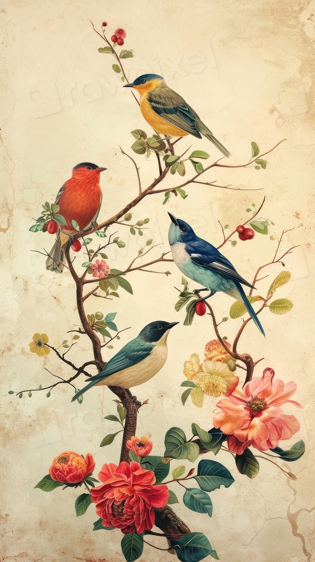 Vintage drawing birds flower painting | Free Photo Illustration - rawpixel