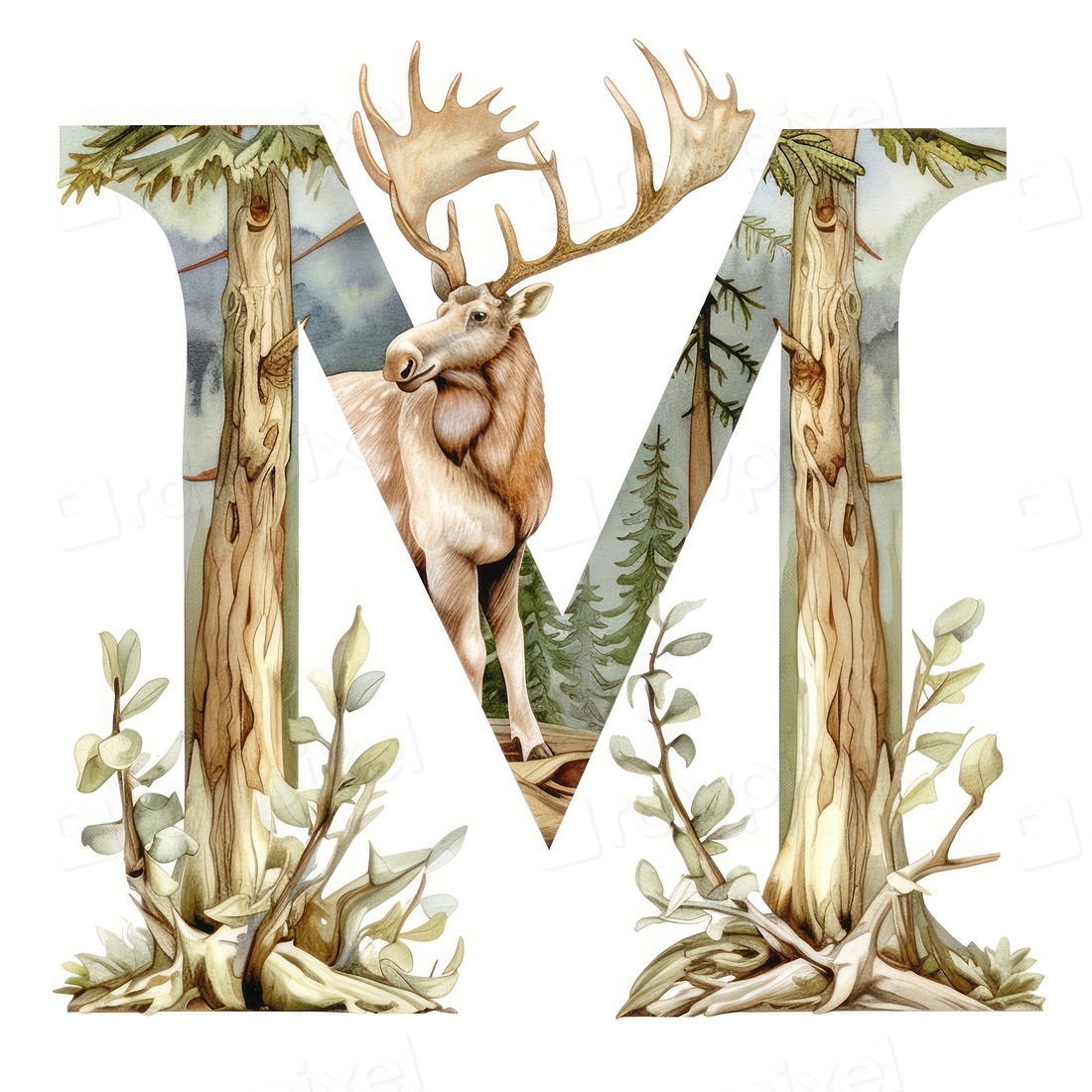 letter M nature forest antler. | Free Photo Illustration - rawpixel