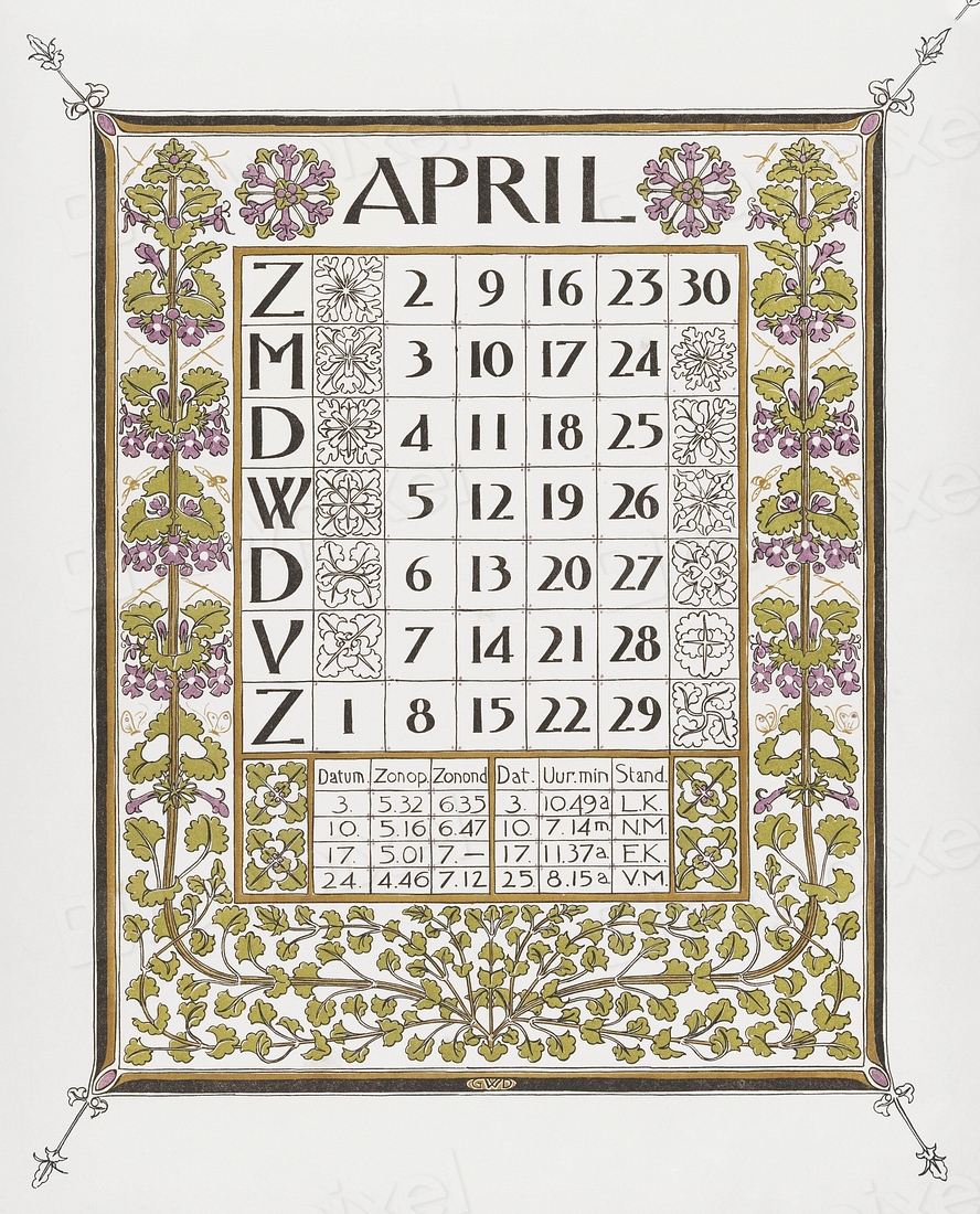 Calendar April 1899 (1898) print | Free Photo Illustration - rawpixel