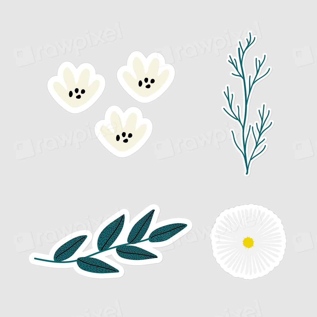 Set flowers and leaves sticker | Premium Vector - rawpixel