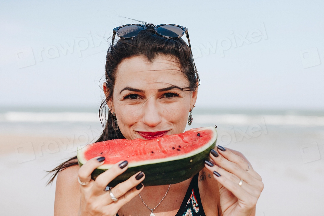 Woman eating watermelon beach | Premium Photo - rawpixel