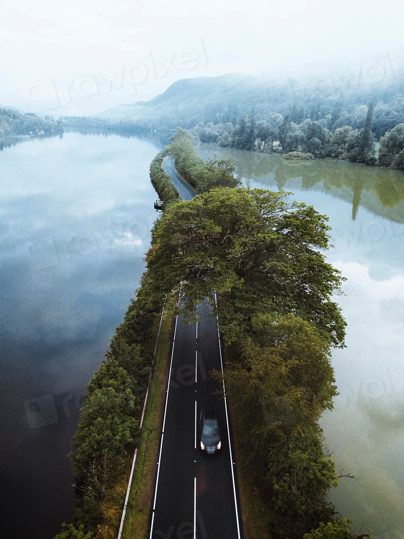 Driving along road lake drone | Premium Photo - rawpixel