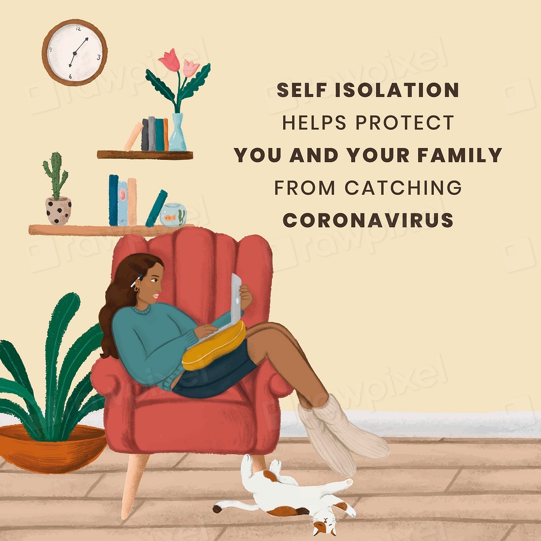 Woman home self isolation. This | Free Vector Template - rawpixel