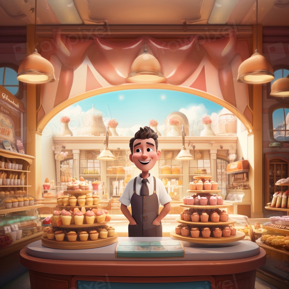 Cake shop cartoon bakery person. | Free Photo Illustration - rawpixel