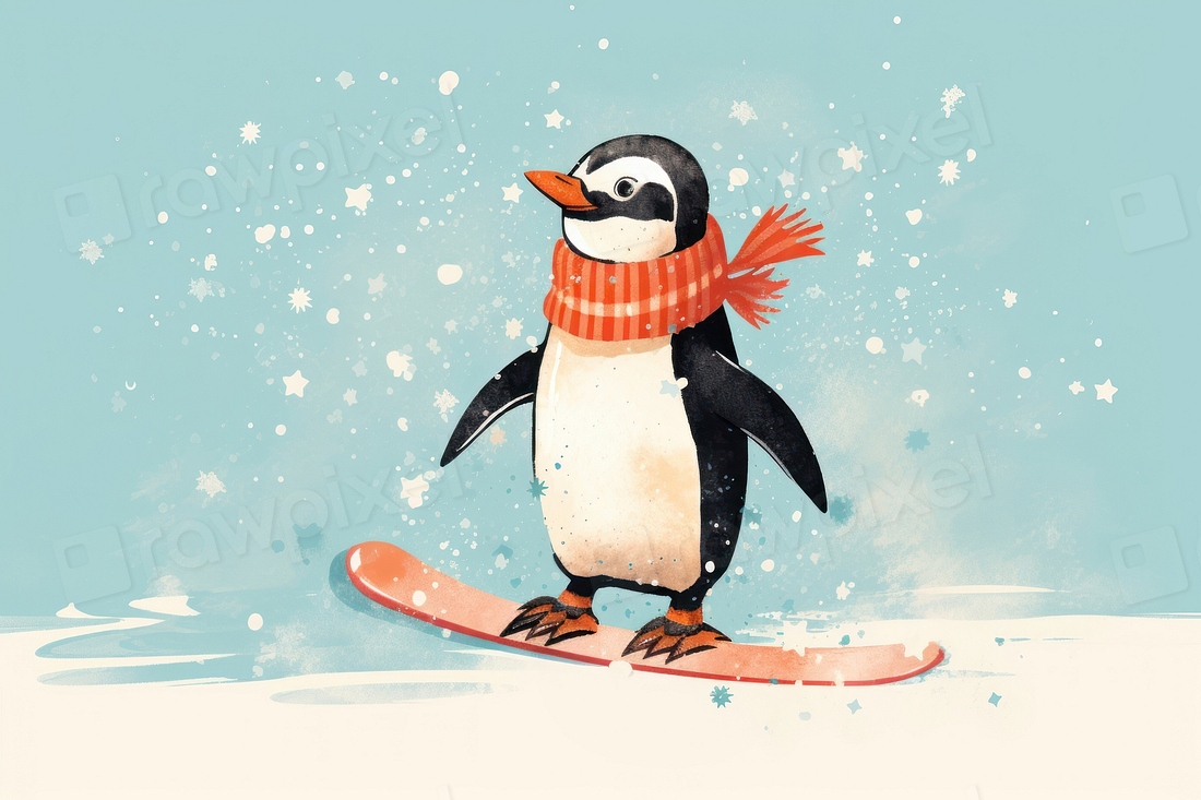 Penguin playing snowboard outdoors winter | Free Photo Illustration ...