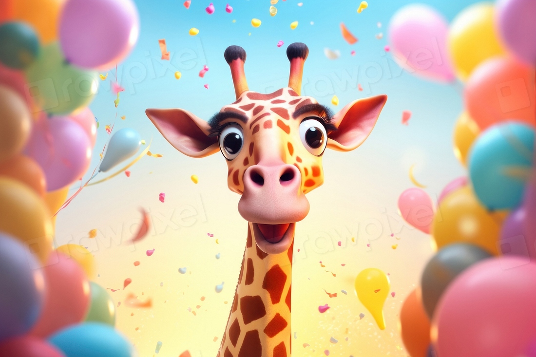 Giraffe partying balloon cartoon mammal. | Free Photo Illustration ...