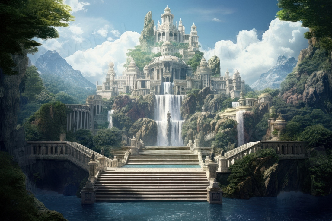 Mount olympus architecture waterfall building. | Free Photo - rawpixel