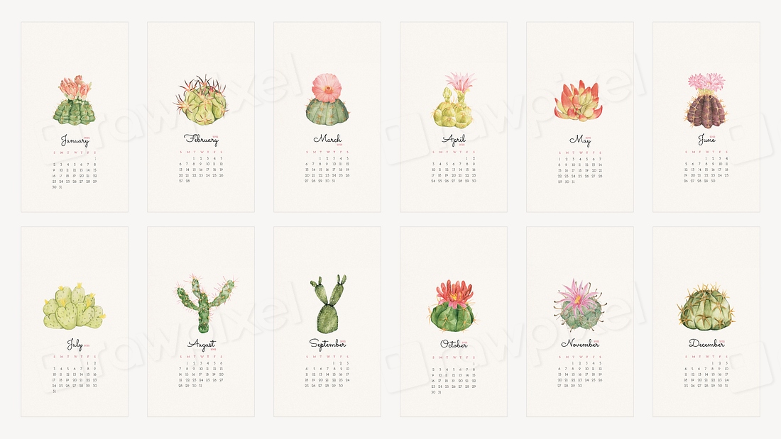 2022 monthly calendar template, cactus | Premium PSD - rawpixel