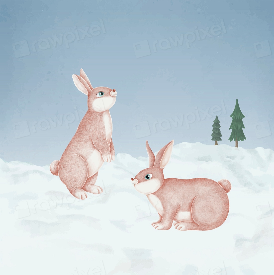 Hand-drawn pink rabbits snowy forest | Premium Vector Illustration ...
