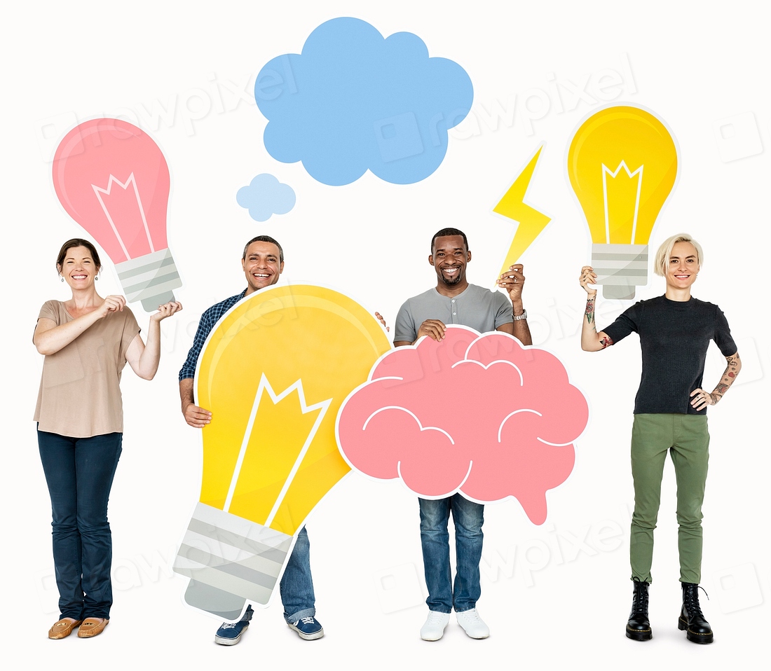 Happy people holding light bulbs | Premium PSD - rawpixel