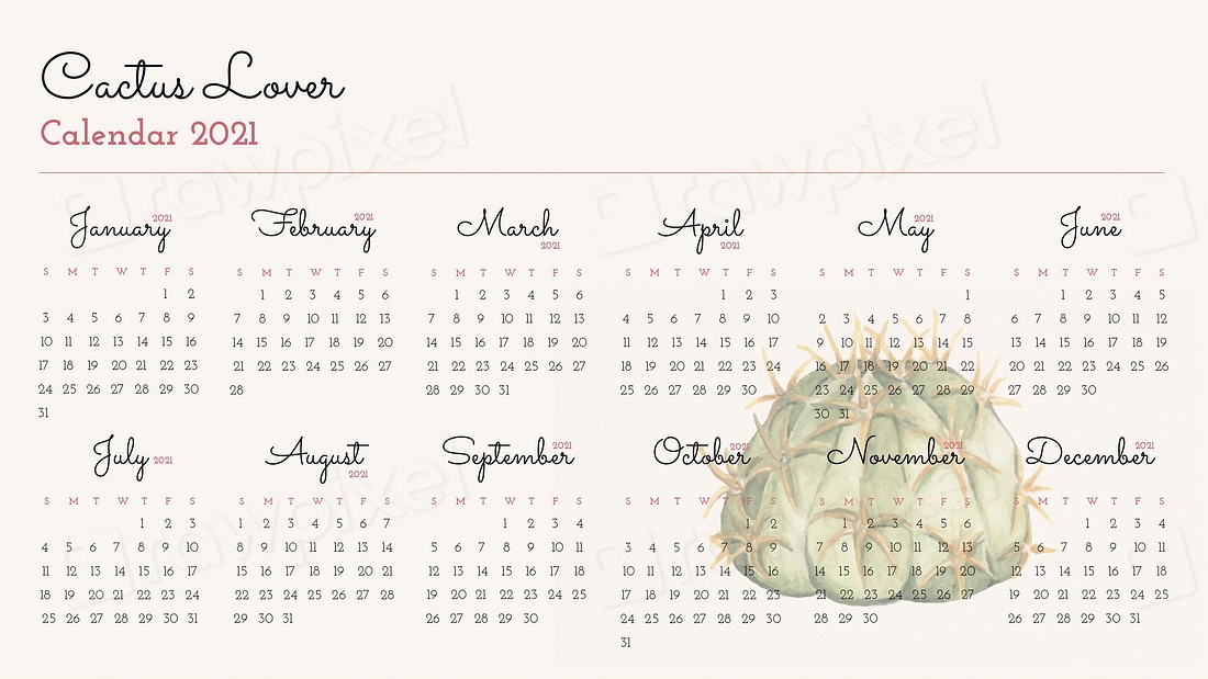 2021 calendar editable template cactus | Free Photo - rawpixel