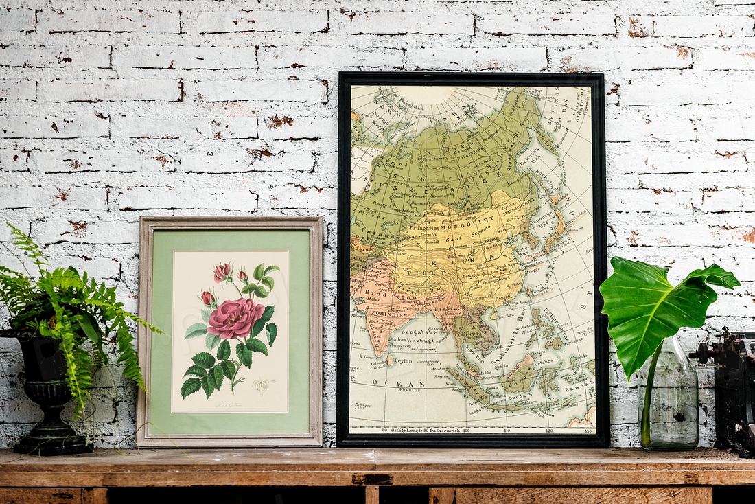 Framed images flower world map | Premium PSD Mockup - rawpixel