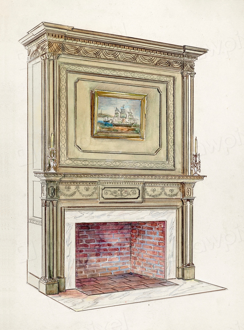 Fireplace (c. 1936) Charles Squires. | Free Photo Illustration - rawpixel