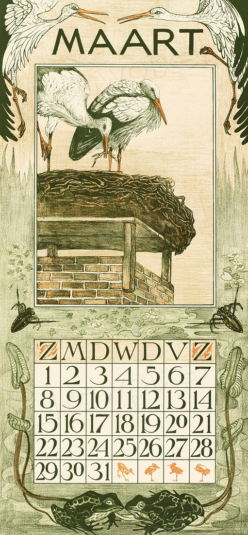 Kalenderblad maart met ooievaars (1902) | Free Photo Illustration ...
