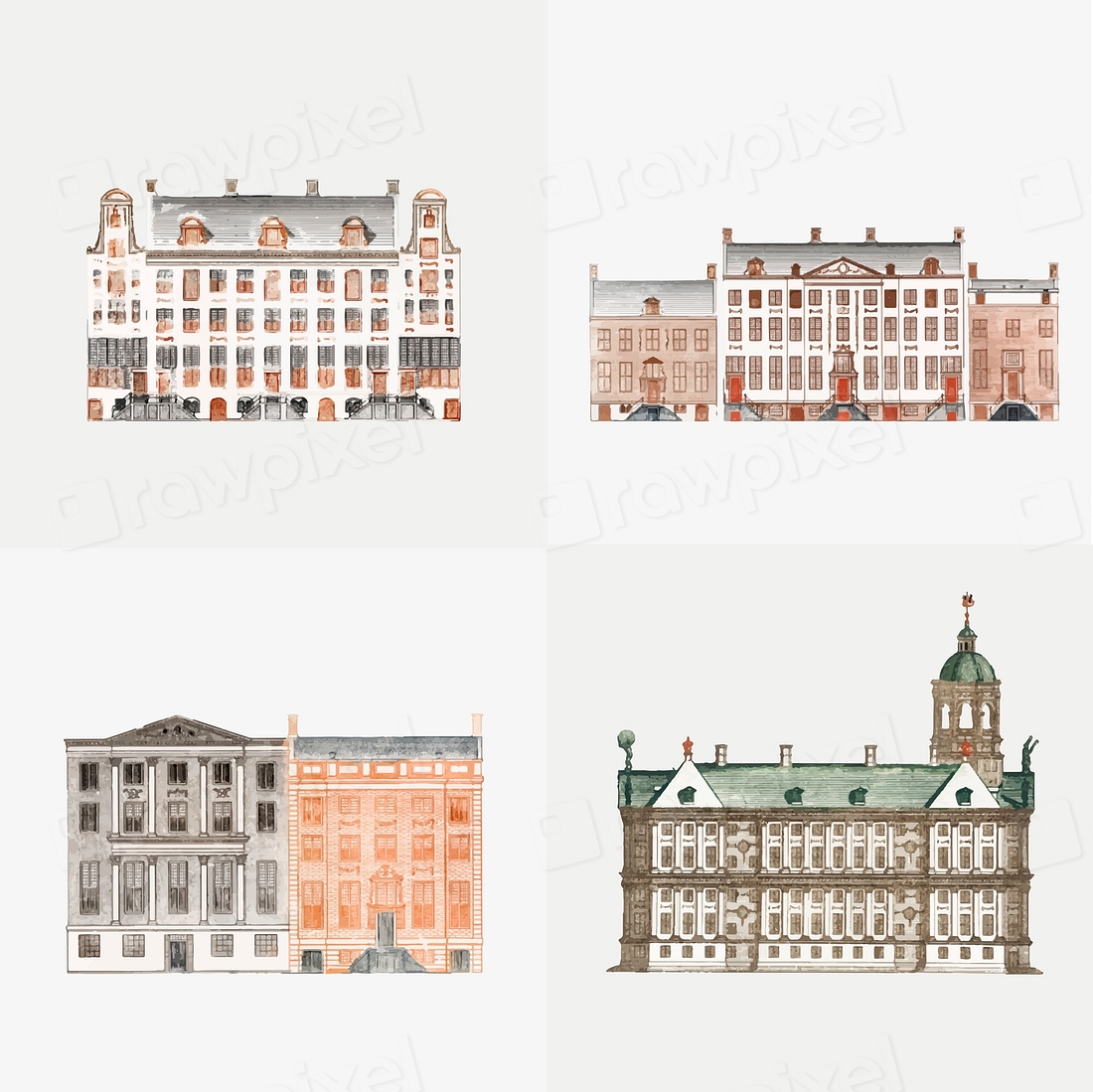 Vintage illustration set canal houses | Premium Vector Illustration ...