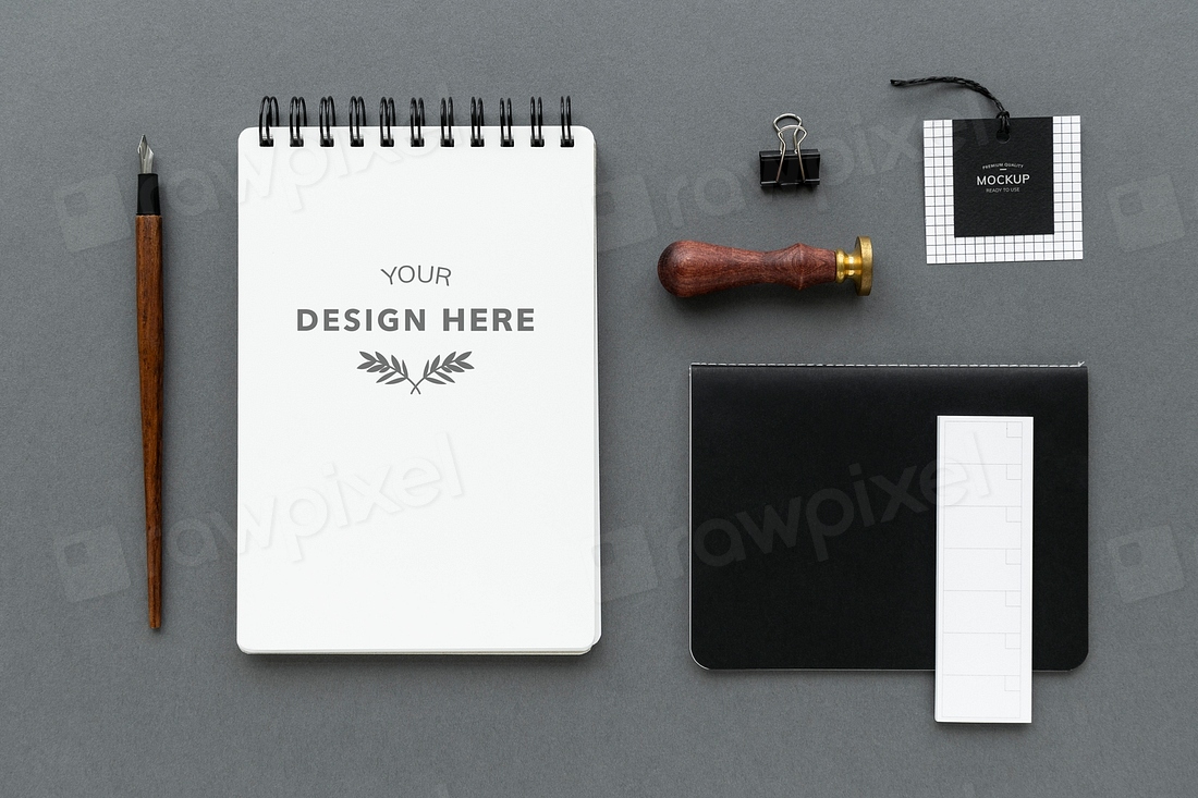 Set of stationery on workspace | Premium PSD Mockup - rawpixel