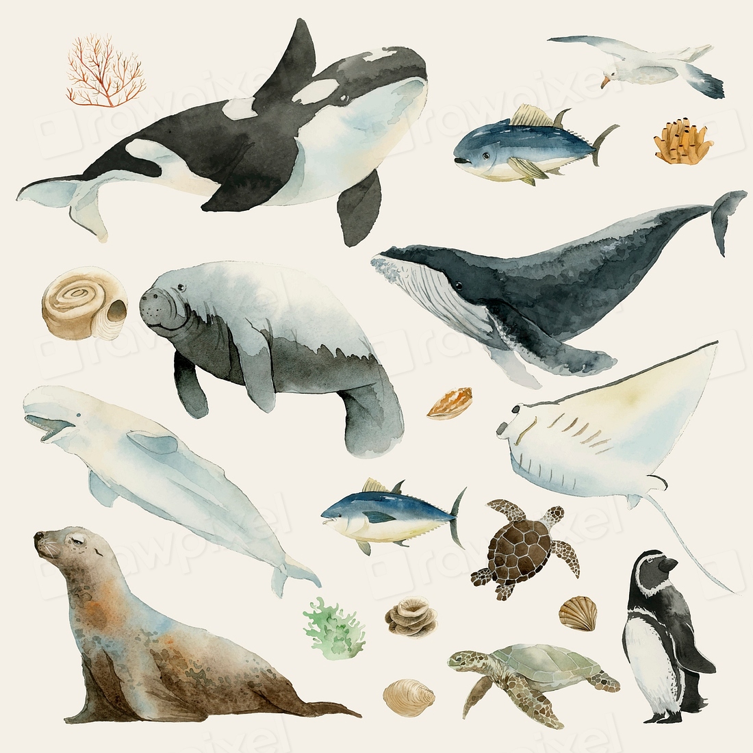 Watercolor painted aquatic animals collection | Premium Vector - rawpixel