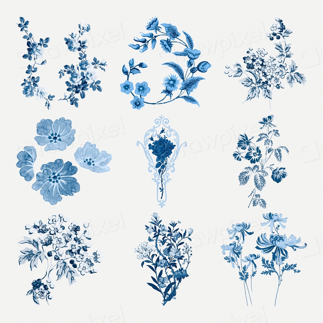 Psd blue flowers vintage clipart | Premium PSD - rawpixel