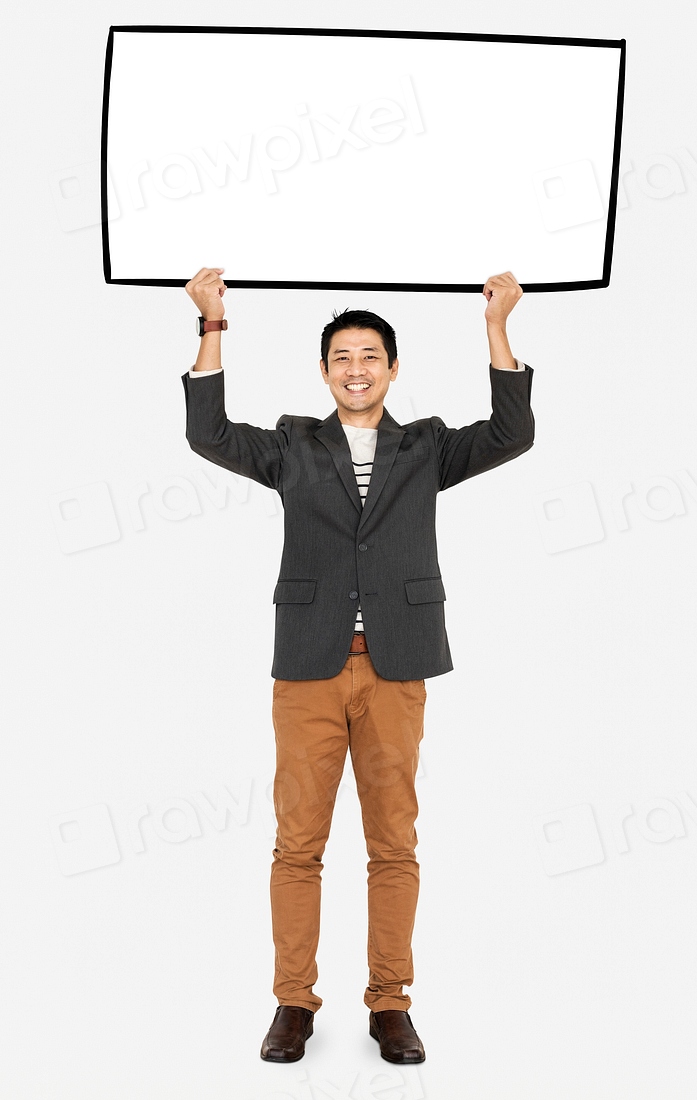 Cheerful man showing blank white | Premium PSD - rawpixel