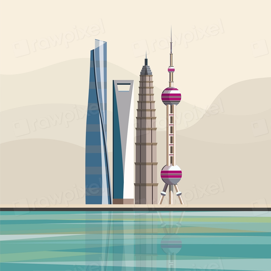 Illustration of Shanghainese landmark skyscrapers | Free Vector ...