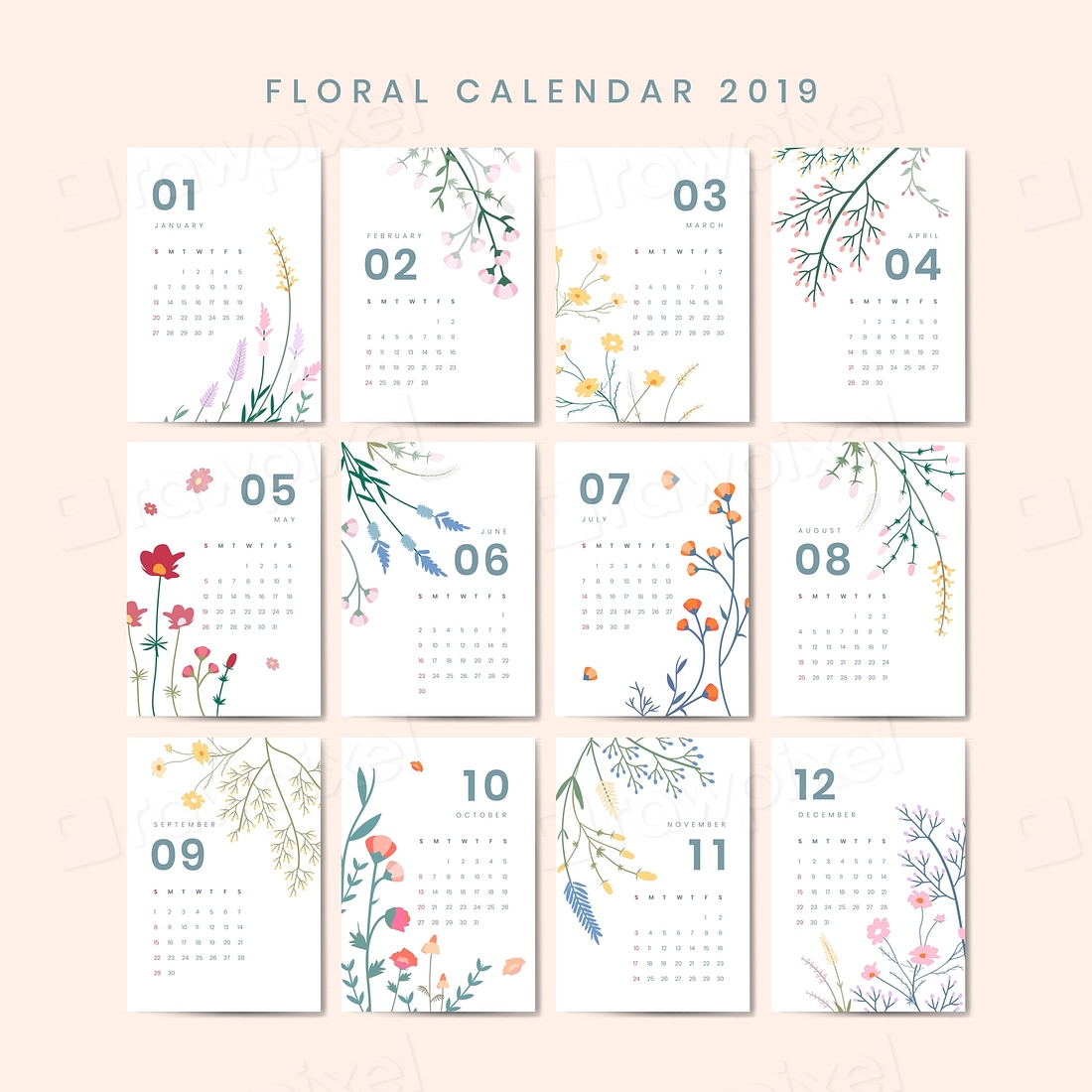 Floral calendar 2019 vector set | Premium Vector - rawpixel