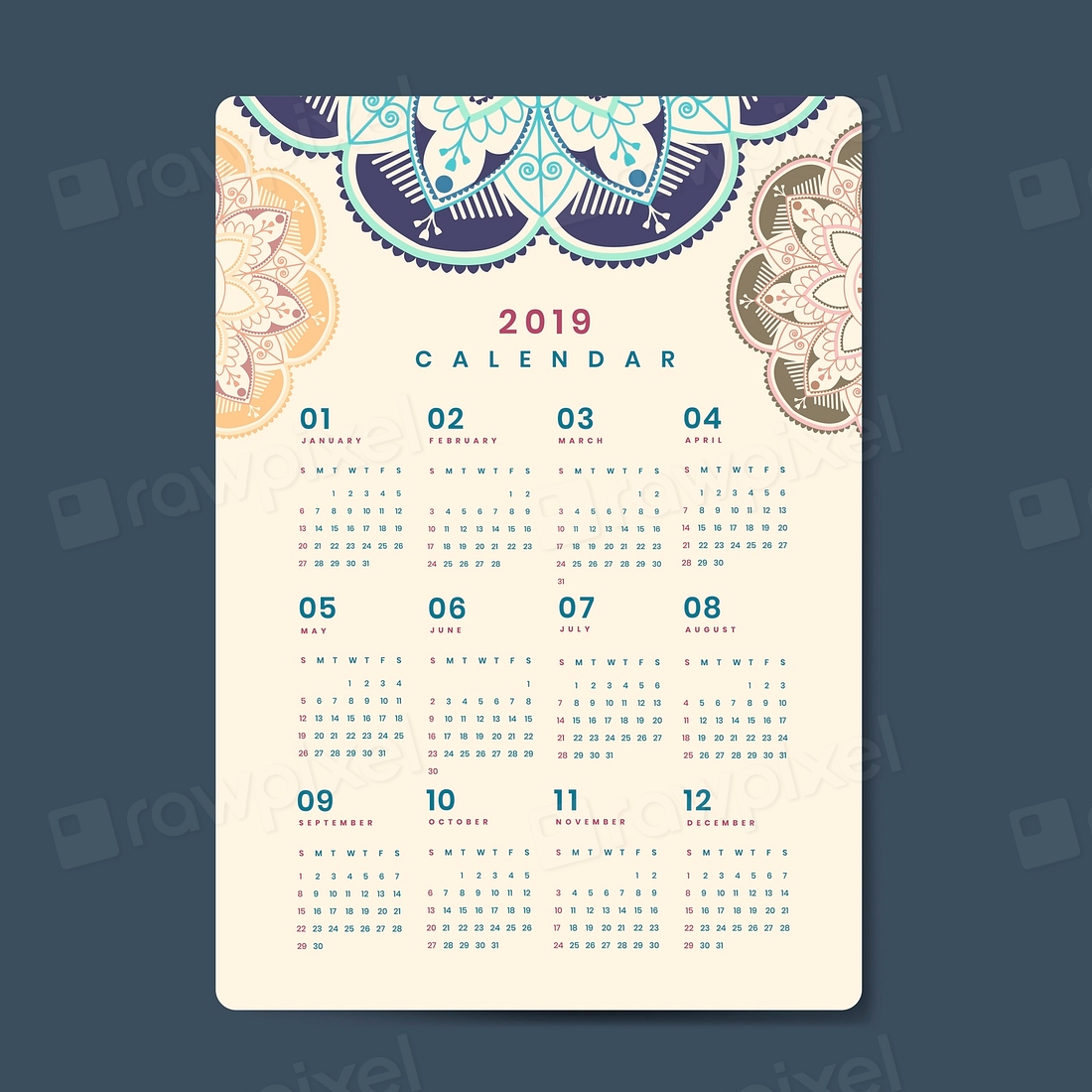 Mandala calendar 2019 vector poster | Free Vector - rawpixel