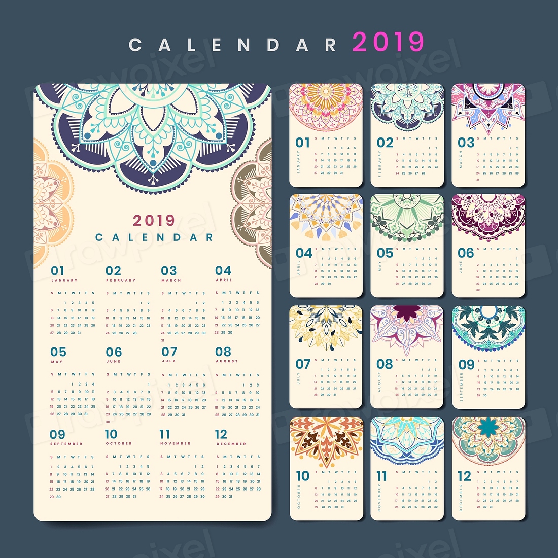 Mandala calendar 2019 vector posters | Premium Vector - rawpixel