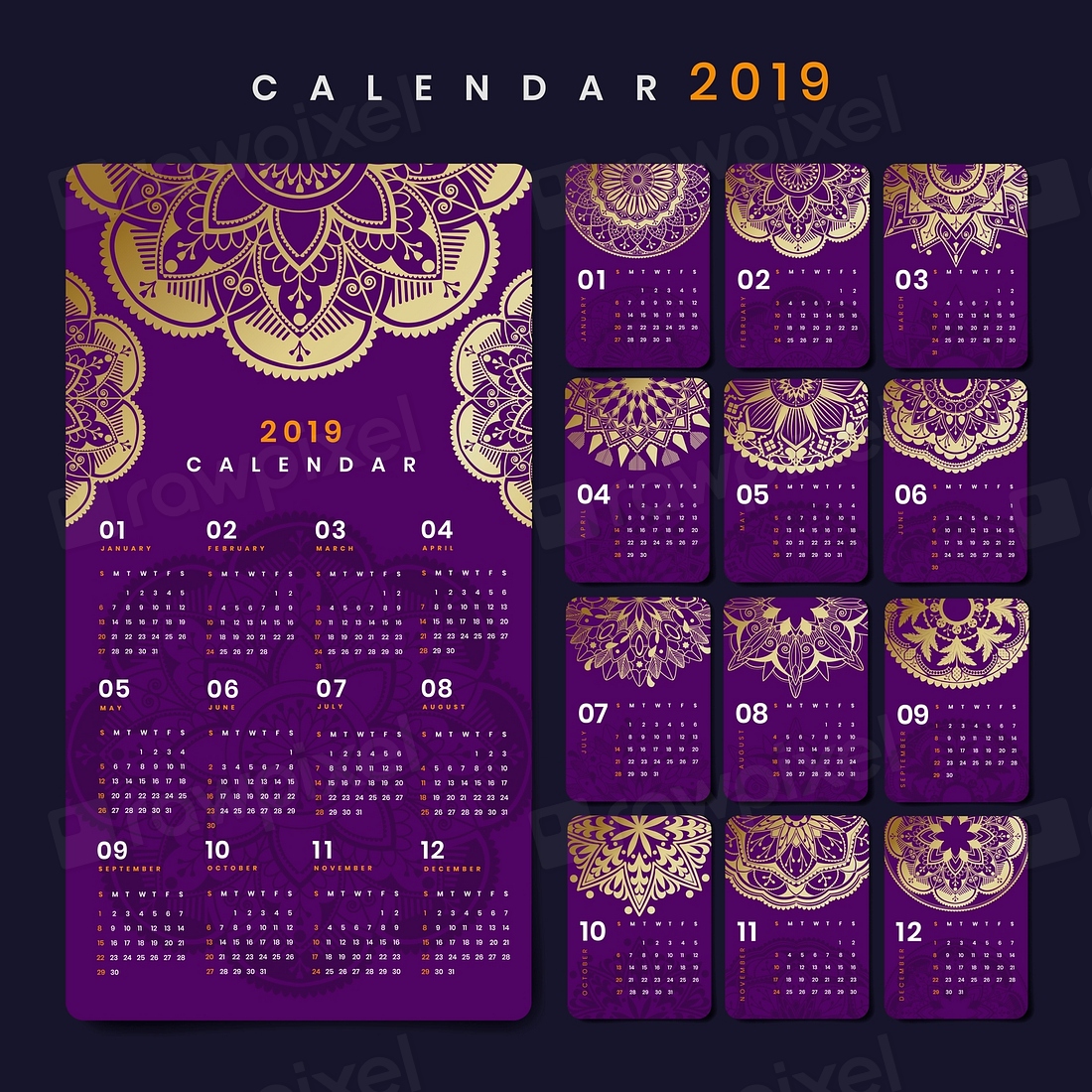 Mandala calendar 2019 vector posters | Premium Vector - rawpixel