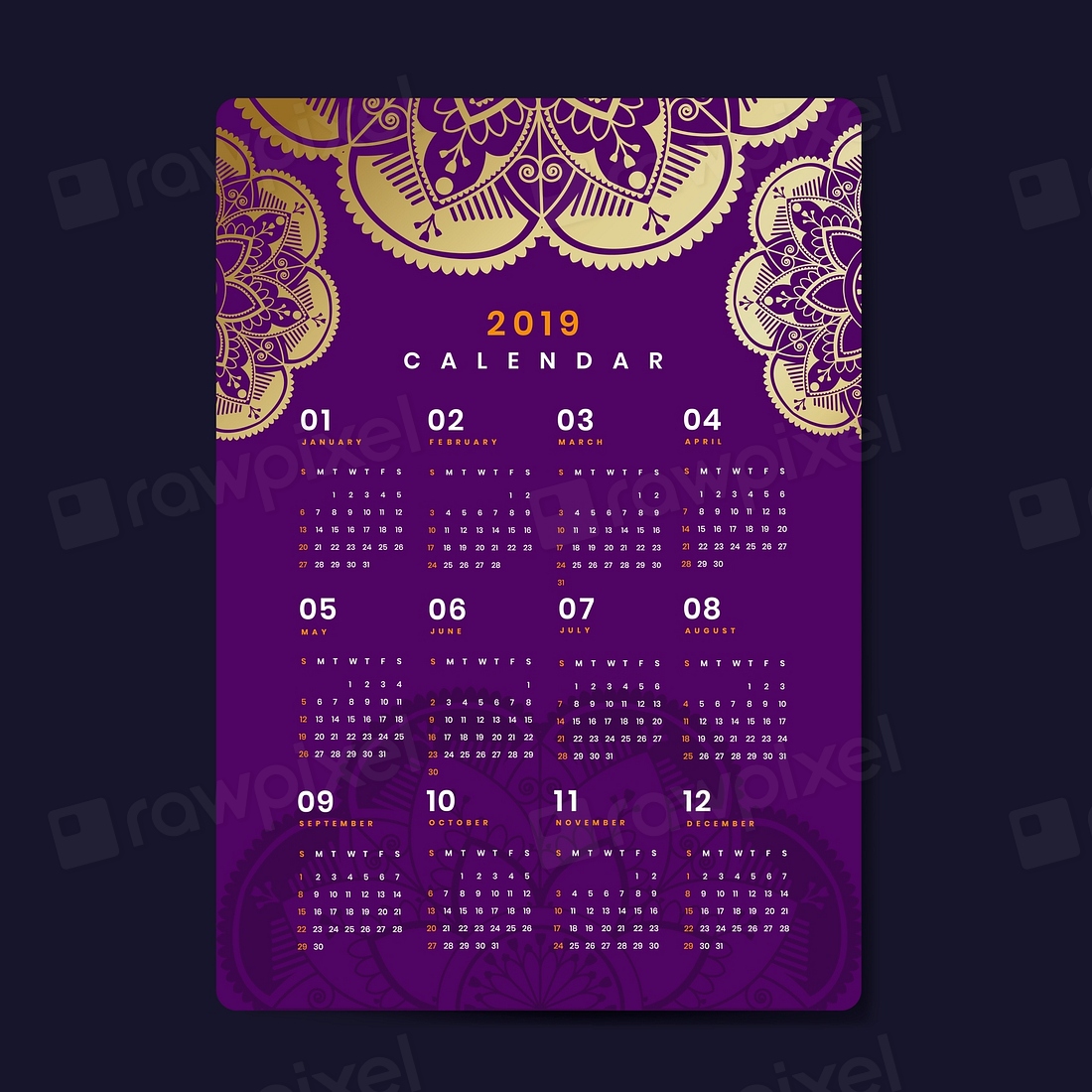 Mandala calendar 2019 vector poster | Premium Vector - rawpixel