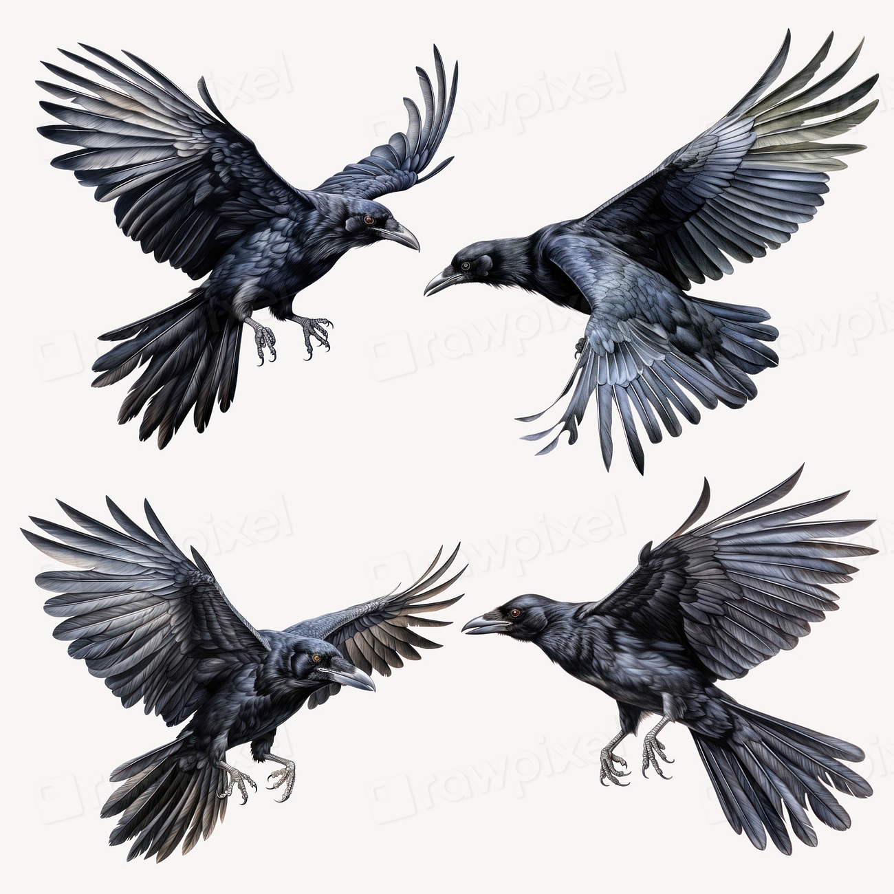 Four flying black ravens illustration | Premium PSD - rawpixel