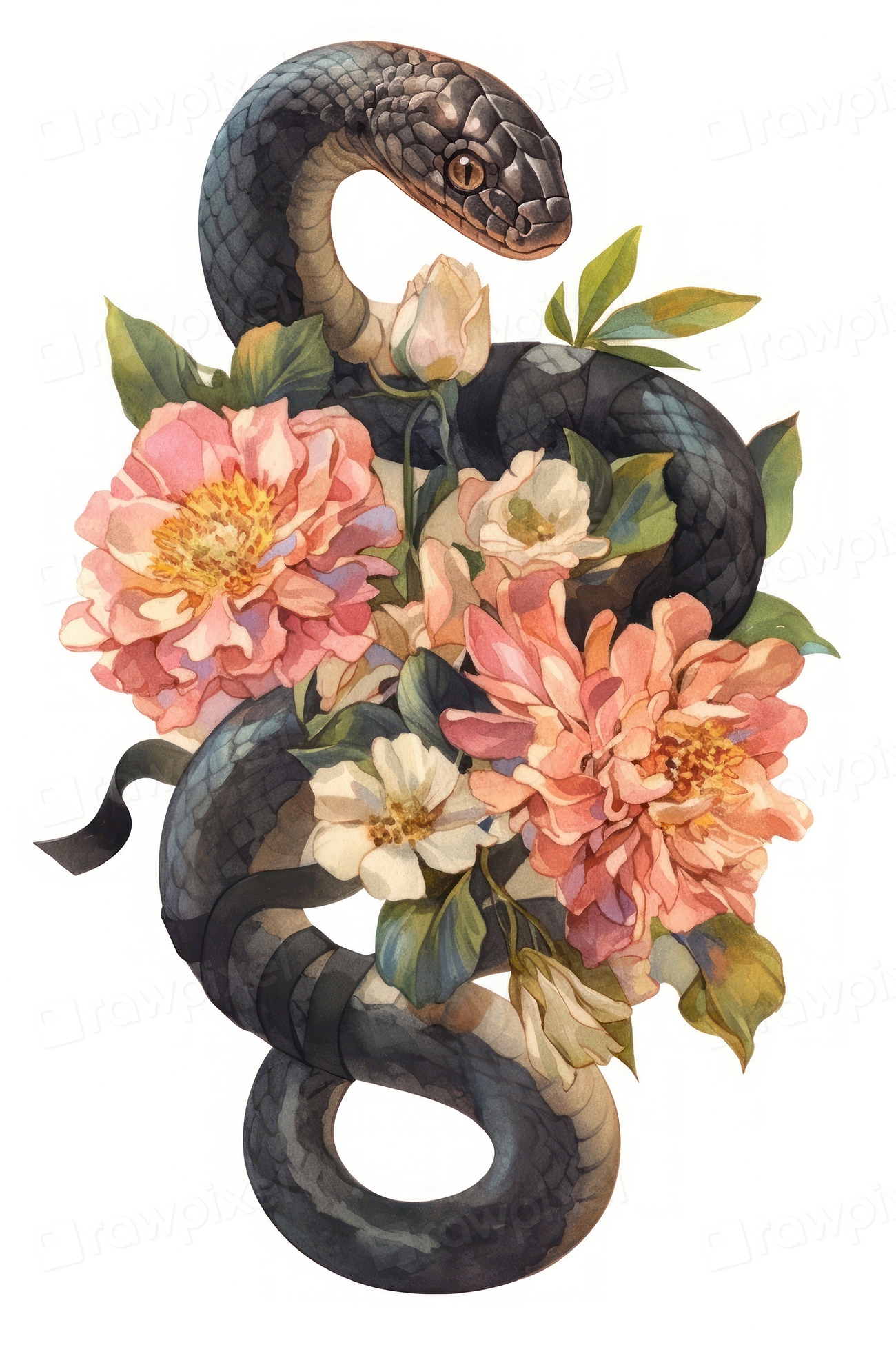 Snake entwined with blooming flowers | Free Photo Illustration - rawpixel